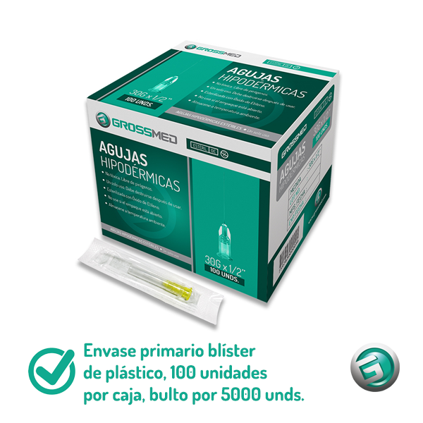 TuMaterialMédico.com | Aguja Hipodermica 30G x 1/2" (E) GROSSMED
